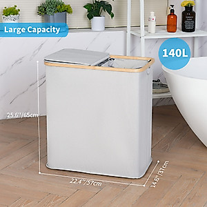 efluky Double Laundry Hamper with Lid, Divided Laundry Hamper with Removable Bags, 2 Section Dirty Clothes Basket with Handles for Bathroom, Bedroom & Laundry Room, 140L Light Grey