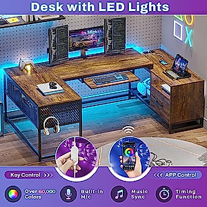 SEDETA L Shaped Computer Desk, Home Office Desk with File Drawer & Power Strip, L Shaped Gaming Desk with LED Light, Keyboard Tray, Pegboard, Storage Shelf, Rustic Brown