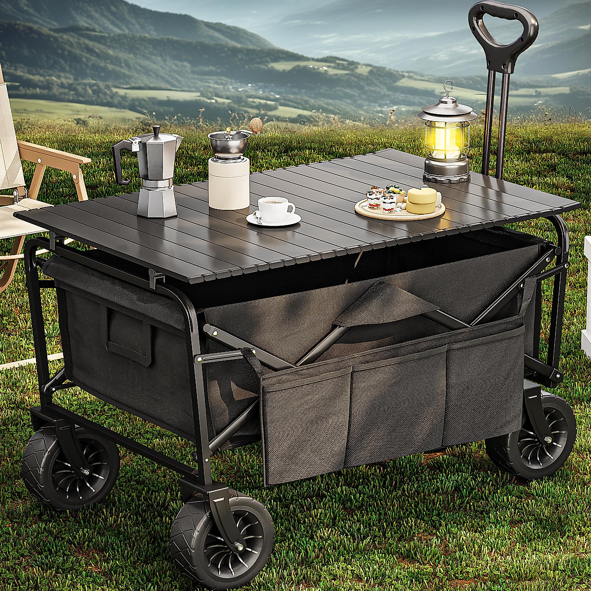 YITAHOME Folding Wagon w/Table Plate, Large Capacity Collapsible Wagon Cart, Adjustable Handle Height Foldable Utility Garden Cart, Outdoor Beach Wagon for Camping, Shopping, Sports, Garden - Black