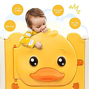 Costzon Baby Playpen, 16-Panel Portable Baby Play Yards with Yellow Duck Pattern, Door with Safety Lock, Indoor Outdoor Foldable Baby Fence with Non-Slip Rubber Bases & Rubber Suction Cups (16 Panel)