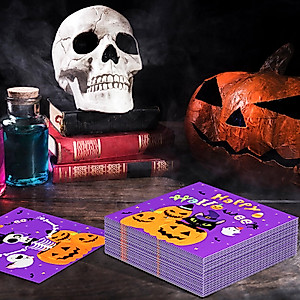 DYLIVeS Halloween Party Napkins, Purple Halloween Pumpkin Cats Ghosts Skeleton Disposable Paper Napkins, Cute Halloween Party Supplies for Luncheon Dessert Halloween Decorations Kids, 50 Pcs, 3 -ply