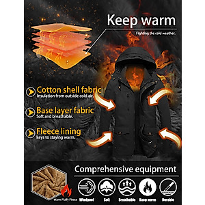 TACVASEN Men's Winter Jacket Cotton Military Jackets Fleece Lined Thick Work Coats Warm Cargo Jackets with Hooded Black XL