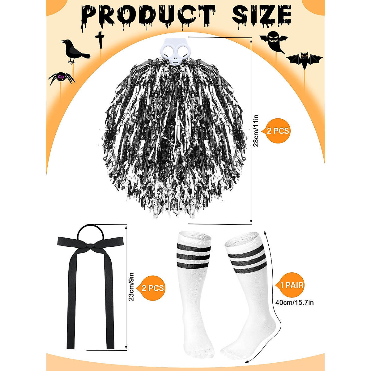 Eurzom 5 Pcs Zombie Cheerleader Costume for Girls 2 Pom Poms 2 Hair Ropes and Socks for Halloween Cheerleader Cosplay Party(Black and White, Child Thin Bow)