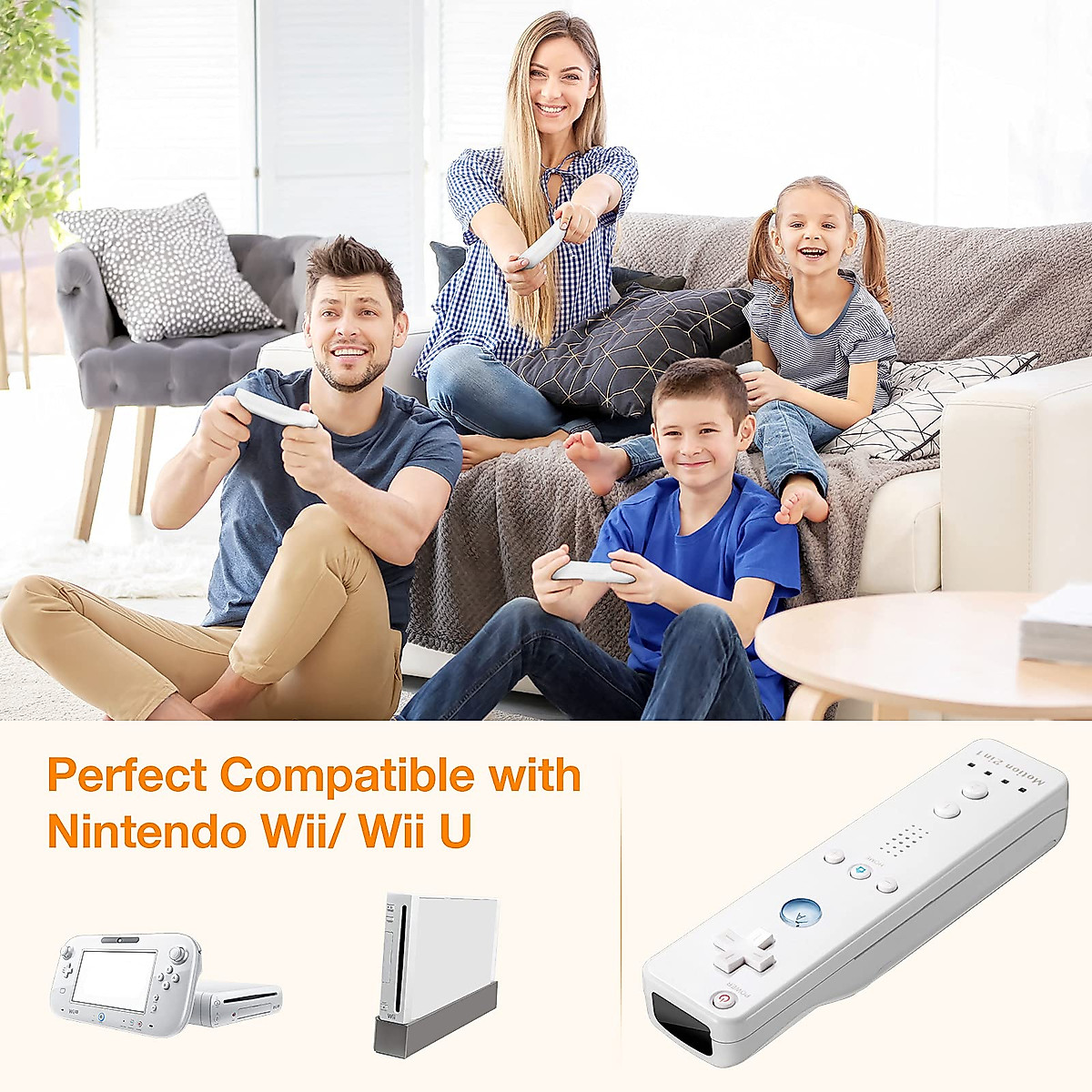LORDONE Wii Remote Controller, Wireless Game Wii Remote with Motion Plus for Nintendo Wii and Wii U, with Silicone Case and Wrist Strap (2-Pack, White)