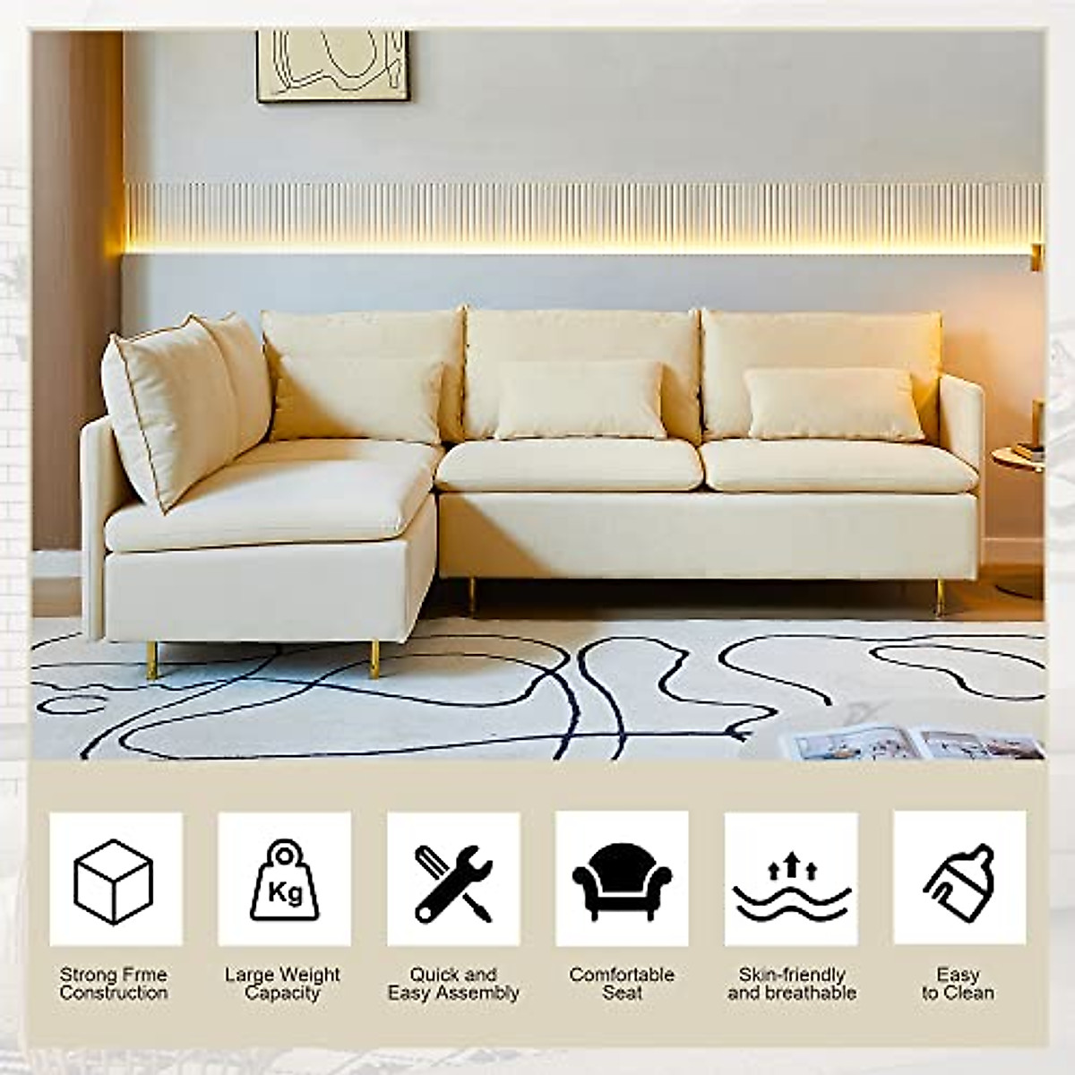 GreatHome L-Shaped Modular Sectional Couch, 4-Seater Corner Sectional Sofa, Modern Beige Fabric L Sofa with 3 Pillows Included and Gold Metal Legs, for Small Space