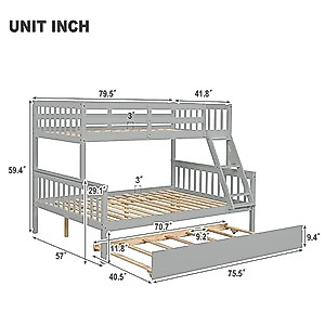 Zaboro Twin Over Full Bunk Bed with Trundle, Convertible into 2 Beds, Pine Wood 3 in 1 Bunk Bed Frame with Ladder and Safety Guardrails for Children, Teens, Adults, No Box Spring Needed, Gray