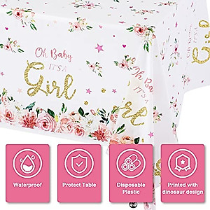 3 Pack oh Baby It's a Girl Plastic Tablecloths for Rectangle Tables, Disposable Party Table Cloths, Pink Floral and Gold Table Covers for Girl Baby Shower Gender Reveal Decorations, 54" x 108"