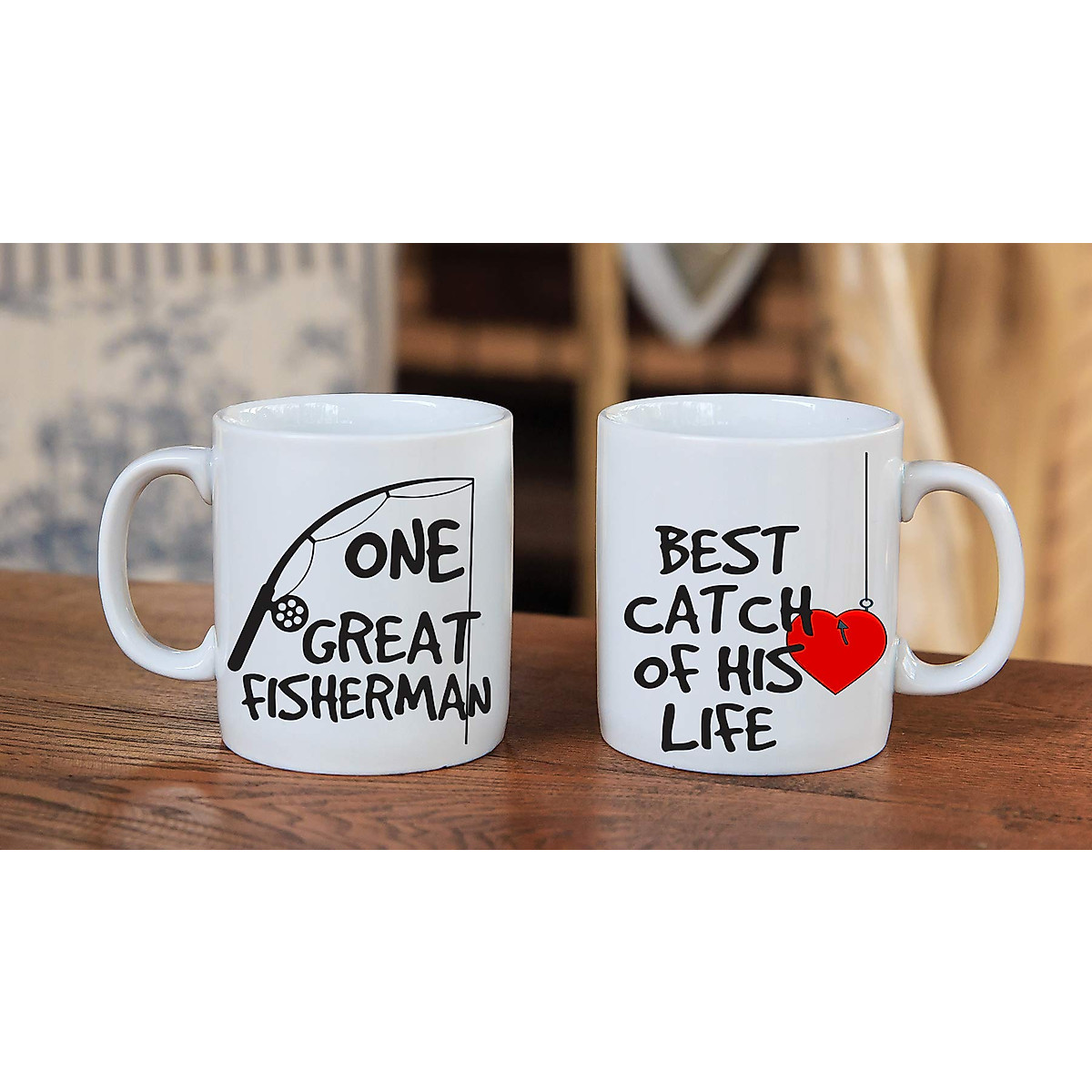 AW Fashions One Great Fisherman, Best Catch Of His Life Couples Mug - Funny Couple Mug - (2) 11OZ Coffee Mug - Funny Mug Gift Set - Mugs For Husband and Wife - Him And Her Gifts