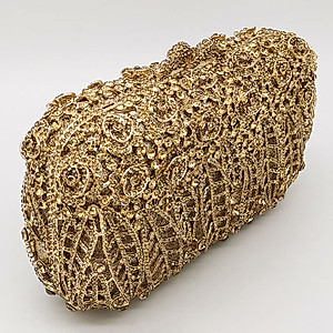 Boutique De FGG Dazzling Crystal Flower Clutch for Women Evening Minaudiere Bags Wedding Party Purses and Handbags (Small,Gold)
