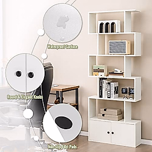 LOKO 6-Tier Geometric Bookcase with Doors, Freestanding Storage Display Shelf with Anti-toppling Devices, S-Shaped Z-Shelf Bookshelf with Cabinet for Living Room, Bedroom, Study (2, White)