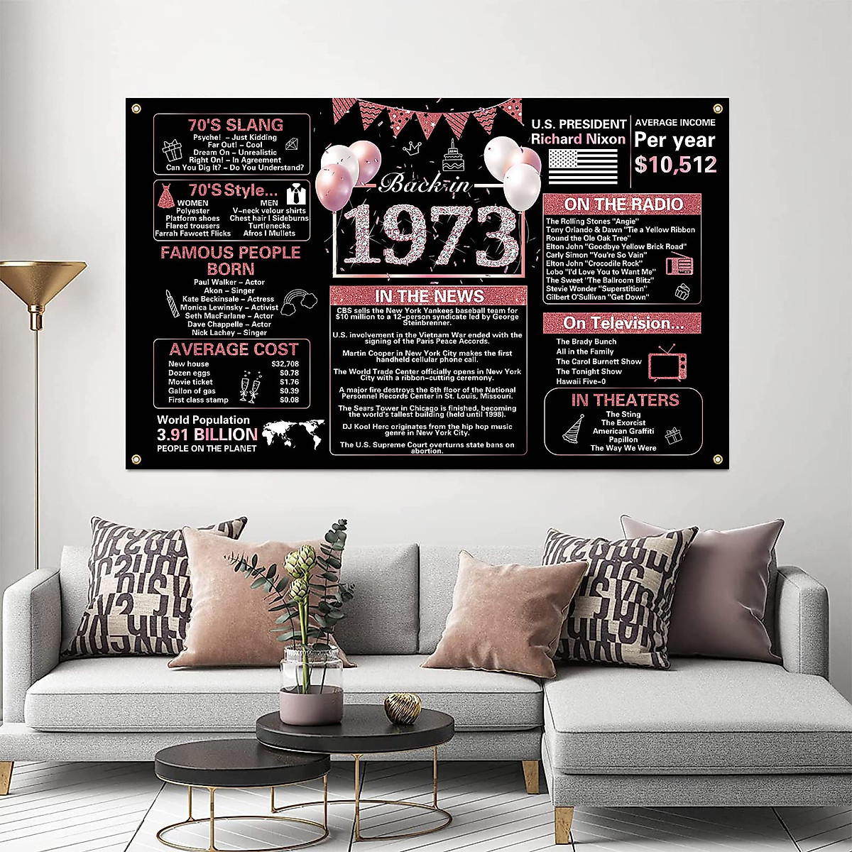 Crenics Rose Gold 50th Birthday Decorations for Women, Vintage Back in 1973 Birthday Backdrop Banner, Large 50 Years Old Birthday Anniversary Poster Photo Background Party Supplies, 5.9 x 3.6 Ft