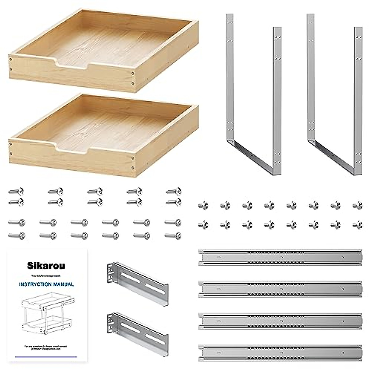 Sikarou Wood Pull Out Cabinet Organizer 2 Tie 26" W x 21" D, Heavy-Duty Sliding Drawers for Inside Cabinets Storage and Organization for Kitchen, Pantry, Bathroom