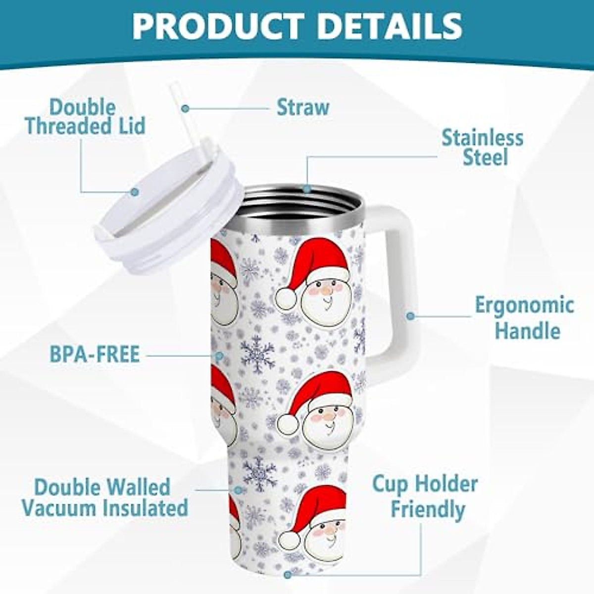 40 Oz Cute Christmas Santa Claus Insulated Water Bottle with Straw and Handle, Insulated Vacuum Tumbler Travel