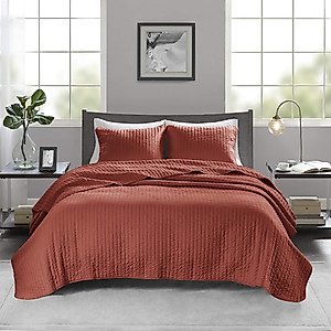 Madison Park Keaton Quilt Set-Casual Channel Stitching Design All Season, Lightweight Coverlet Bedspread Bedding, Shams, Full/Queen(90"x90"), Stripe Spice 3 Piece