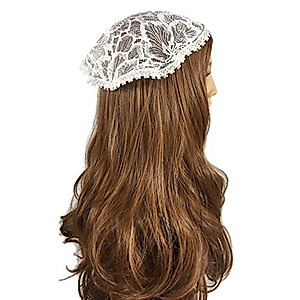 PAMOR Chapel Cap Veil Floral Lace Mantilla Inspired Circle Round Head Covering (White)