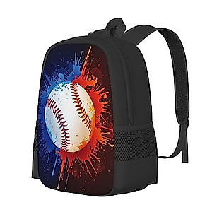 WZOMT Boys Baseball School Backpack Water Fire Baseball Blue Red Splash on Black Knapsack Fashion Laptop Bags Water Resistant Travel Hiking Daypack Bookbag for Kids Girls 17" Durable Rucksack