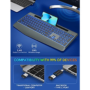 Trueque Wireless Keyboard with 7 Colored Backlits, Wrist Rest, Phone Holder, Rechargeable Ergonomic Computer Silent Keys, Full Size Lighted for Windows, MacBook, PC, Laptop (Gray), Grey