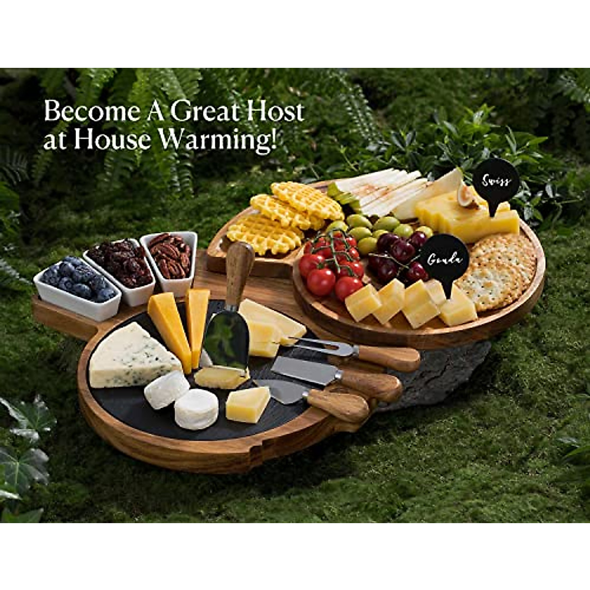 Dofira Nautilus Cheese Board and 4 Knife Set, Acacia Wood Large Round Charcuterie Board Kit with Slate Platter & Ceramic Bowls, Kitchen Gift Set for Housewarming, Bridal Shower, Wedding, Anniversary