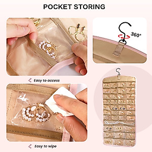 Gurajo Hanging Jewelry Organizer Doubled-sided with Pockets & Hooks for Rings, Earrings, Necklaces, Hair Accessories Storage Roll, Closet Earring Holder Organizer for Wall, Door, Travel, 1 PCS, Pink