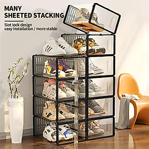 AISNDYOG Shoe Storage Box, 15 Pack Large Clear Plastic Black Stackable Shoe Organizer for Closet, Space Saving Foldable Shoe rack,Substitute for Drawer Organize Unit