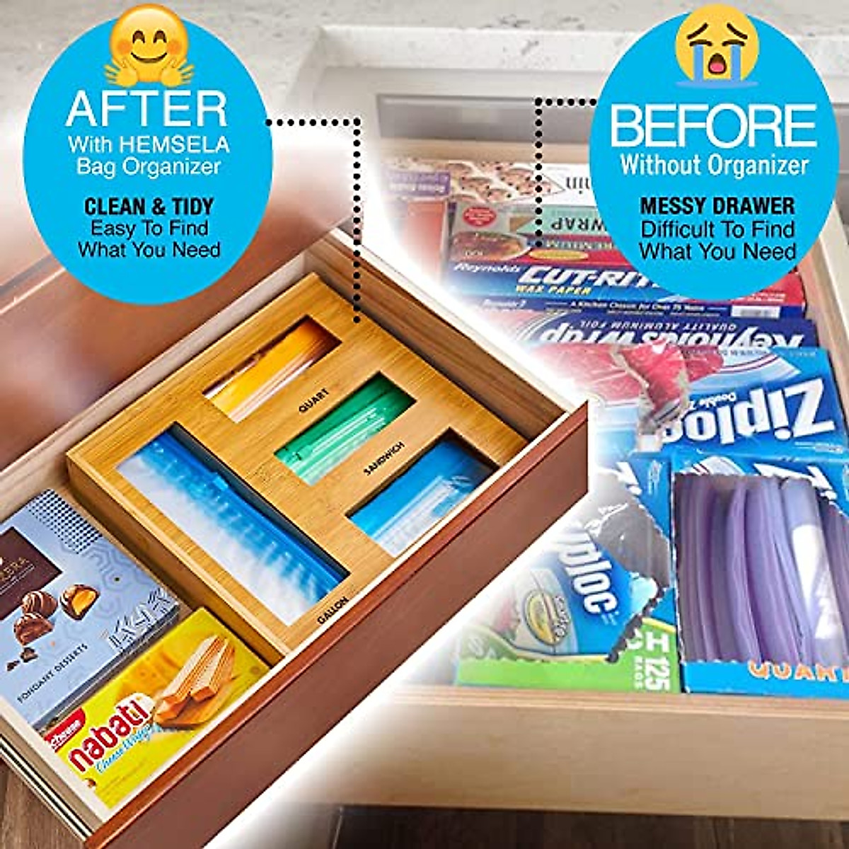 HEMSELA Ziplock Bag Organizer, kitchen drawer organizer with foil and plastic wrap, aluminum foil organizer, ziplock bag dispenser With Cutter, Compatible for Gallon, Quart, Sandwich & Snack (Wooden)