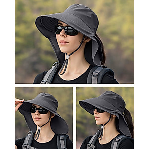 ZEXIAN Womens Sun Hat UPF 50+ Wide Brim and Ponytail Hole, Hiking Safari Hat with Neck Flap (Dark Grey)