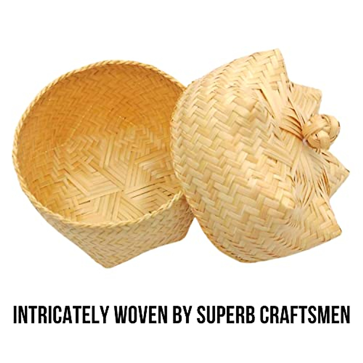Bamboo Sticky Rice Serving Basket 4.5 x 3.5 Inch, Kratip, Intricately Woven Container, Hexagon-Shaped Weave Pattern, Thailand Handmade, Natural Color (Original Natural Bamboo Color)