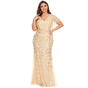 Ever-Pretty Women's V-Neck Sparkly Embroidery Formal Dresses Plus Size Sequin Mother of The Bride Dresses Gold US18