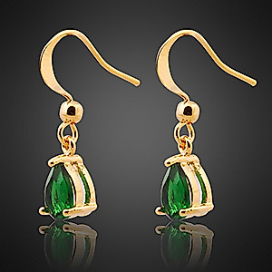 Dangle Drop Pierced Earrings with Pear Cut CZ Simulated Green Emerald in 18K Yellow Gold Plated, Simple Modern Elegant
