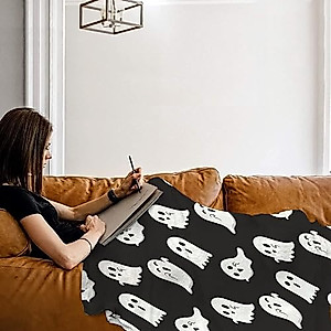 Cute Little Funny Ghost Blanket Gift for Girls Boys, Spooky Decor Plush Soft Fleece Flannel Black White Spooky Halloween Throw Blanket Sheet for Toddler Kids Lap Chair 40X30In