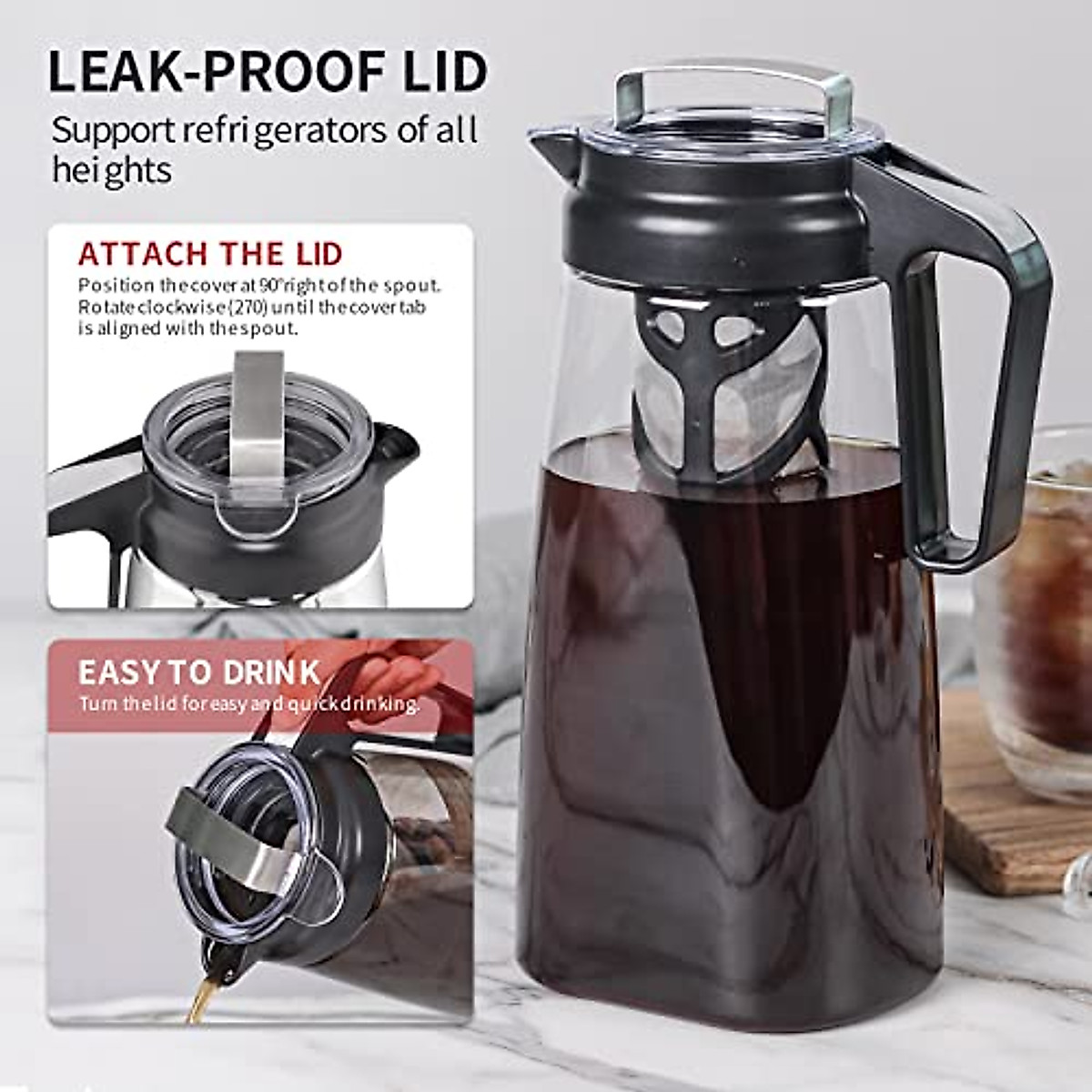 Sivaphe Large Cold Brewer Coffee Maker 2 Quart, Dishwasher Safty Manual Leak Proof Traitan Pitcher, 64 oz Iced Coffee Method Tea Brewer with Deluxe Reusable Mesh Filter