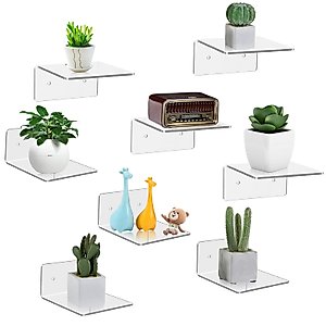 Bolidery 8 Pack Small Wall Shelf, 4'' Acrylic Wall Shelves Display Ledges for Storage & Decoration, Small Floating Shelf for Wall with 2 Types of Installation (Adhesive or Screw)