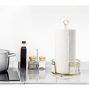 Koluti Paper Towel Holder Countertop, Farmhouse Kitchen Paper Roll Stand, Rustic Gold Metal Paper Towel Rack Organizer Storage for Dining Table, with Courtyard Fence, Marble Print Silicone Finish