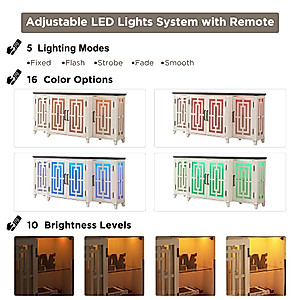 JXQTLINGMU TV Stand for 80 Inch TV, Farmhouse Entertainment Center with RGB LED Light, Media Console with 3 Ultra Large Storage Cabinets and 3-Sides Hollow Out for Living Room, Bedroom, Antique White