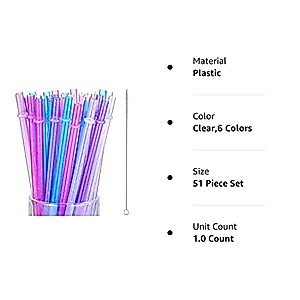 50 Pieces Reusable Drinking Straws Colorful Plastic Straws Clear Glitter Unbreakable Drinking Straws with Cleaning Brush for Home Party Supplies, 6 Colors (9 Inch)