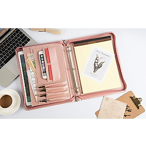 Free Engraved Name, Personalized Portfolio Binder for Women, PU Leather 3 Ring Binder Padfolio Organizer, Business Resume Zippered Portfolio with A4 Writing Pad, Corporate Gift, Customized, Pink