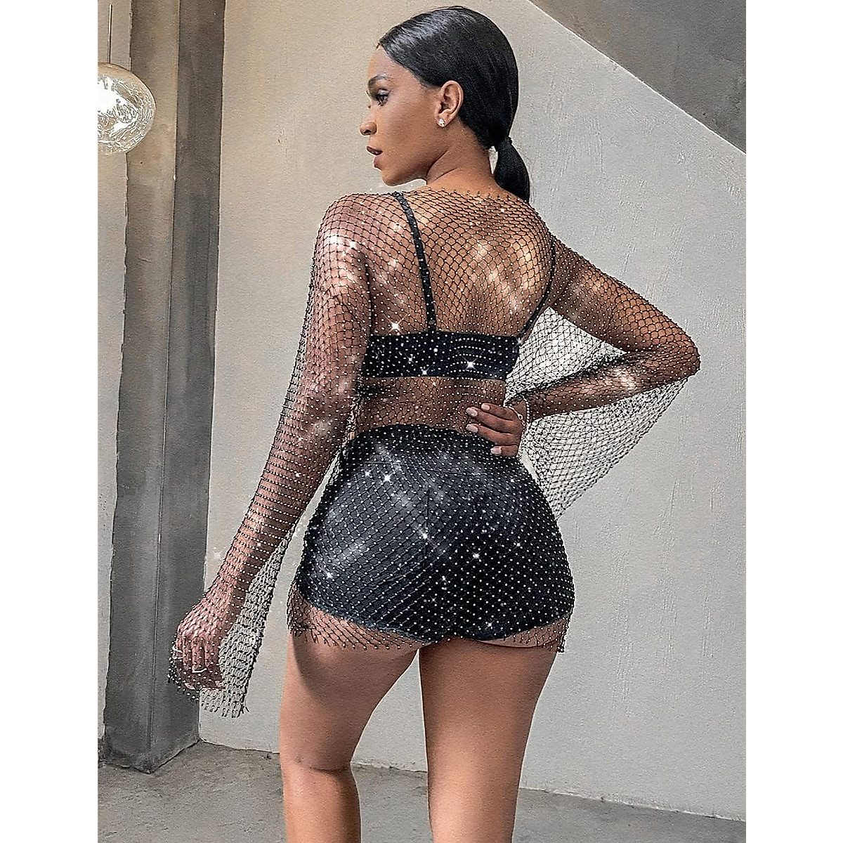 Lrady Women's Rhinestone Mesh Sheer Fishnet Long Sleeve V Neck Mini Dresses Sexy Bikini Beach Cover Up Clubwear, Black & White, Large