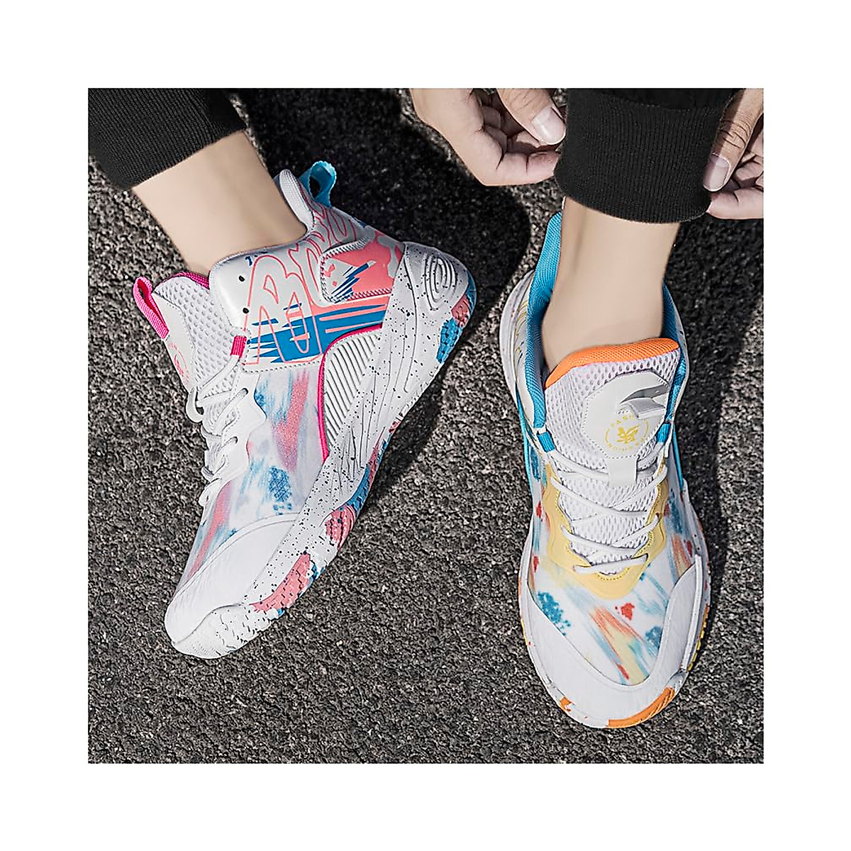 BROHN Men's Women's Basketball Shoes Ultra-Light high-top Fashion Anti-Slip Breathable Sneakers (Orange+Pink, Adult, Women, 7, Numeric, US Footwear Size System, Medium)