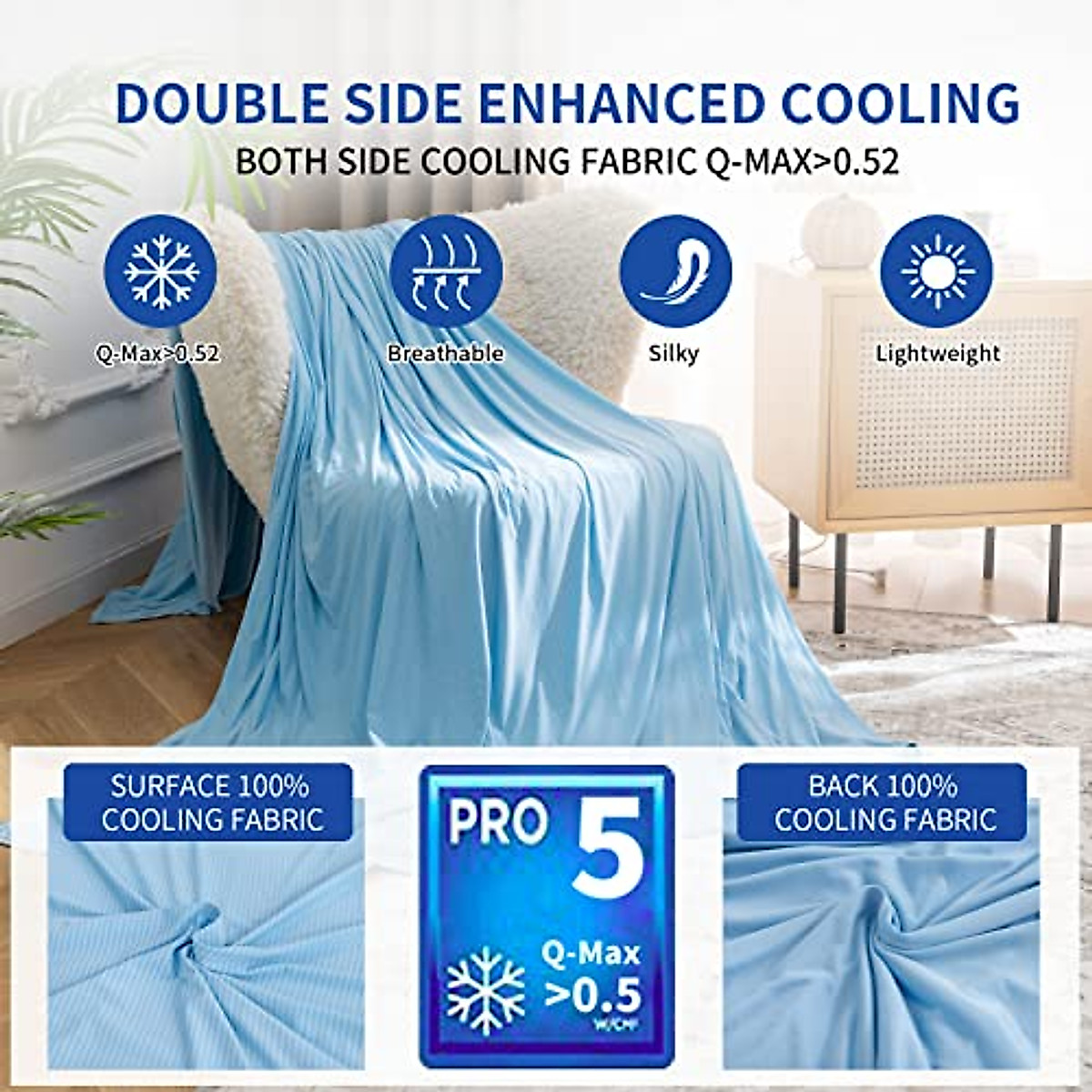 Auemtyn Cooling Throw Blanket with Double Sided Cold Effect,Twin Cool Blankets for Hot Sleepers,Arc-Chill Q-Max>0.52 Cool Fiber,Lightweight Breathable Summer Blankets for Night Sweats(60"x80",Blue)