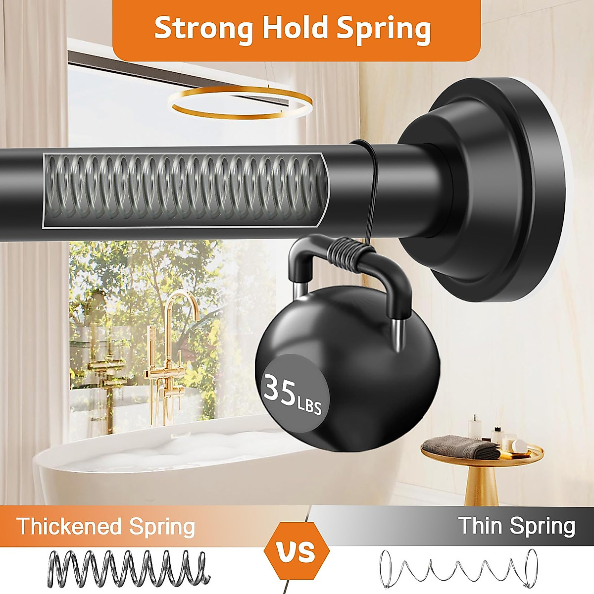 Haryaers Matte Black Shower Curtain Rod, 40-76 Inches No Drilling Adjustable Tension Curtain Rods for Bathroom, Stainless Steel Metal Spring, 1 Inch Diameter, Anti-Slip, No Rust