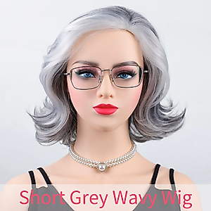 RENERSHOW Mid-length Grey Wavy Bob Wigs for Women Short Gray Curly Wig Synthetic Salt and Pepper Wigs Average Size Realistic Natural Daily Party Wigs for Older Women with Silver White Bangs(10-12inch)