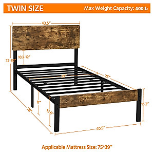 Yaheetech Metal Platform Bed Frame Twin with Wood Headboard and Iron Slats, Rustic Country Bed Base with Mattress Foundation/Strong Slats Support/12 Inch Underbed Storage/No Box Spring Needed, Brown