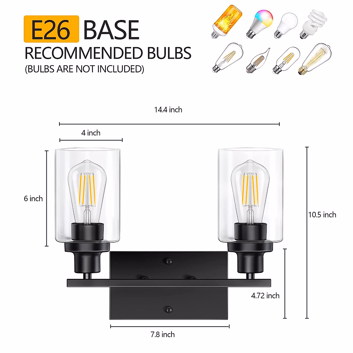 Bathroom Light Fixtures, Black 2-Light Vanity Lights, Modern Bathroom Vanity Light with Clear Glass Shade, Wall Lamp with Metal Frame over Mirror, Vanity Lights for Washroom Bedroom Hallway E26 Base