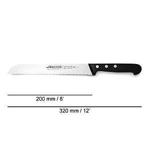 ARCOS Bread Knife 8 Inch Stainless Steel. Kitchen Serrated Knife with Ergonomic Polyoxymethylene Handle and 240mm Blade. Series Universal. Color Black