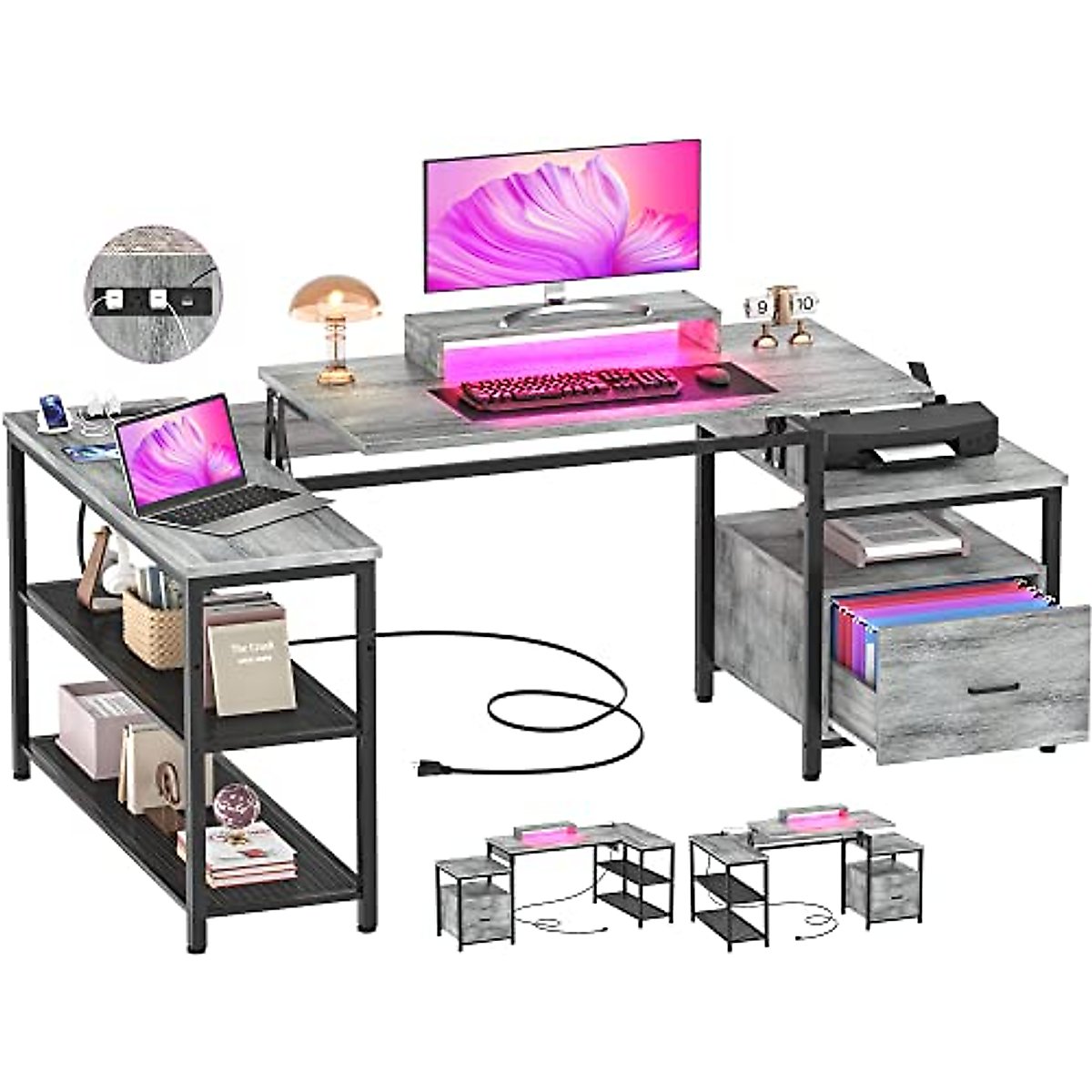Aheaplus L Shaped Desk with Power Outlet, Standing Home Office Desk with Lift Top and File Drawer, 63'' Corner Computer Desk with Monitor Stand&Printer Shelves, Gaming Desk with Led Lights, White Oak