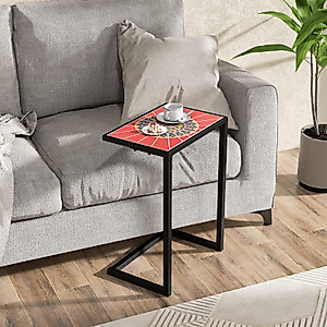 Tangkula C-Shaped Outdoor Side Table, Patio Snack Table w/Ceramic Top & Anti-Rust Metal Frame, Small End Table for Couch, Sofa & Bed, Outdoor & Indoor Accent Table for Living Room, Poolside, Balcony