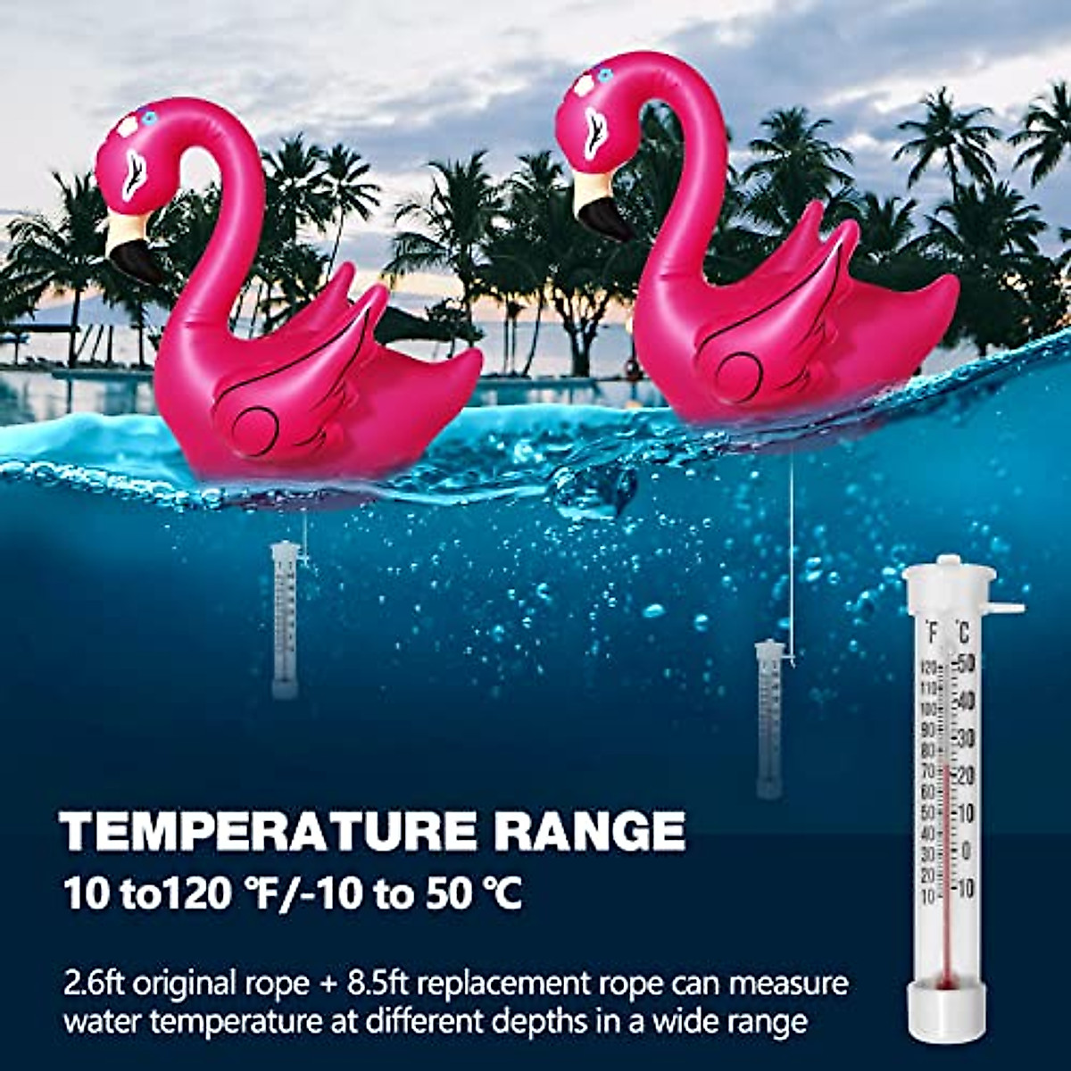 Floating Pool Thermometer with 19" Solar Pool Lights Pond Water Thermometer with RGB Led Lights Color Changing Swimming Pool Thermometer Water Temperature Thermometers for Hot Tub Inflatable Flamingo