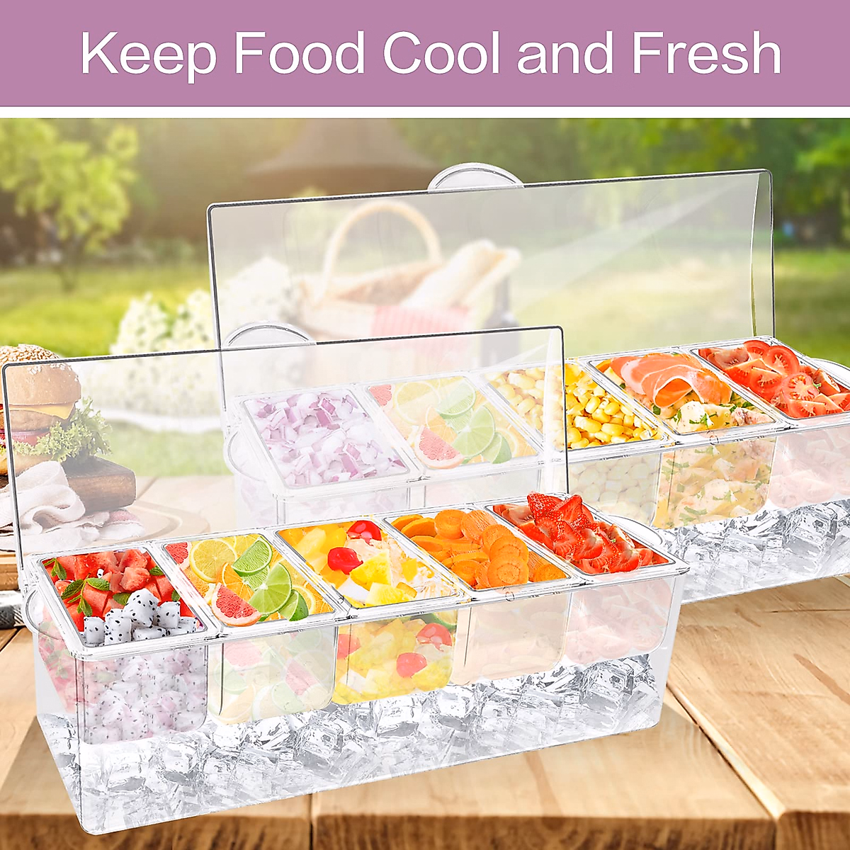 FODIENS 5 Compartment Condiment Server, Ice Chilled Condiment Containers with Lid, Clear Condiment Caddy Serving Tray on Ice with 5 Serving Spoons 5 Fruit Forks 2 Serving Tongs