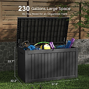 Sersper 230 Gallon Outdoor Storage Box, Large Deck Box with Gas Struct, Waterproof Resin Storage Bin for Patio Cushions, Pool Supplies, Lockable Box, UV Resistant, Black