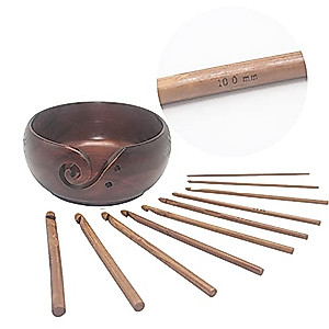 LAMXD Brown Wooden Yarn Bowl with 12 pcs Bamboo Handle Crochet Hook,Wool Storage Handmade Crochet Kit Organizer,Skein Storage Bowl - Knitting & Crochet Yarn Storage Bowls & Accessories